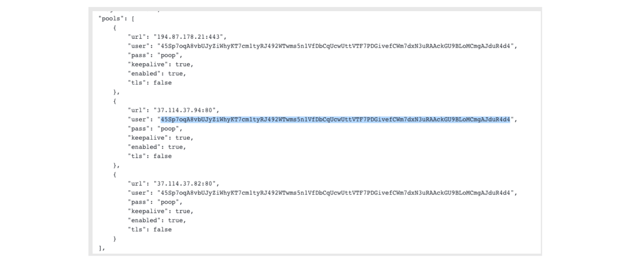 Cryptojacker configuration showing wallet addresses